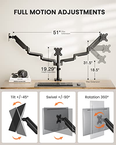 ErGear Triple Monitor Mount for Desk, 3 Monitor Stand with Gas Spring Adjustable Monitor Arm Fit Three Screens 13 to 27 inch Flat/Curved LCD Computer Screens Holds Max 17.6lbs with Clamp