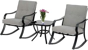 omelaza 3 pieces outdoor rocking bistro set, patio steel furniture, porch chairs conversation set with thickened cushion and glass top coffee table (grey)