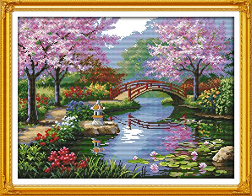 Joy Sunday Cross Stitch Kits Stamped Full Range of Embroidery Starter Kits for Beginners DIY 14CT 2 Strandst- The Beautiful Scenery of Park（Printed 22×17 inches