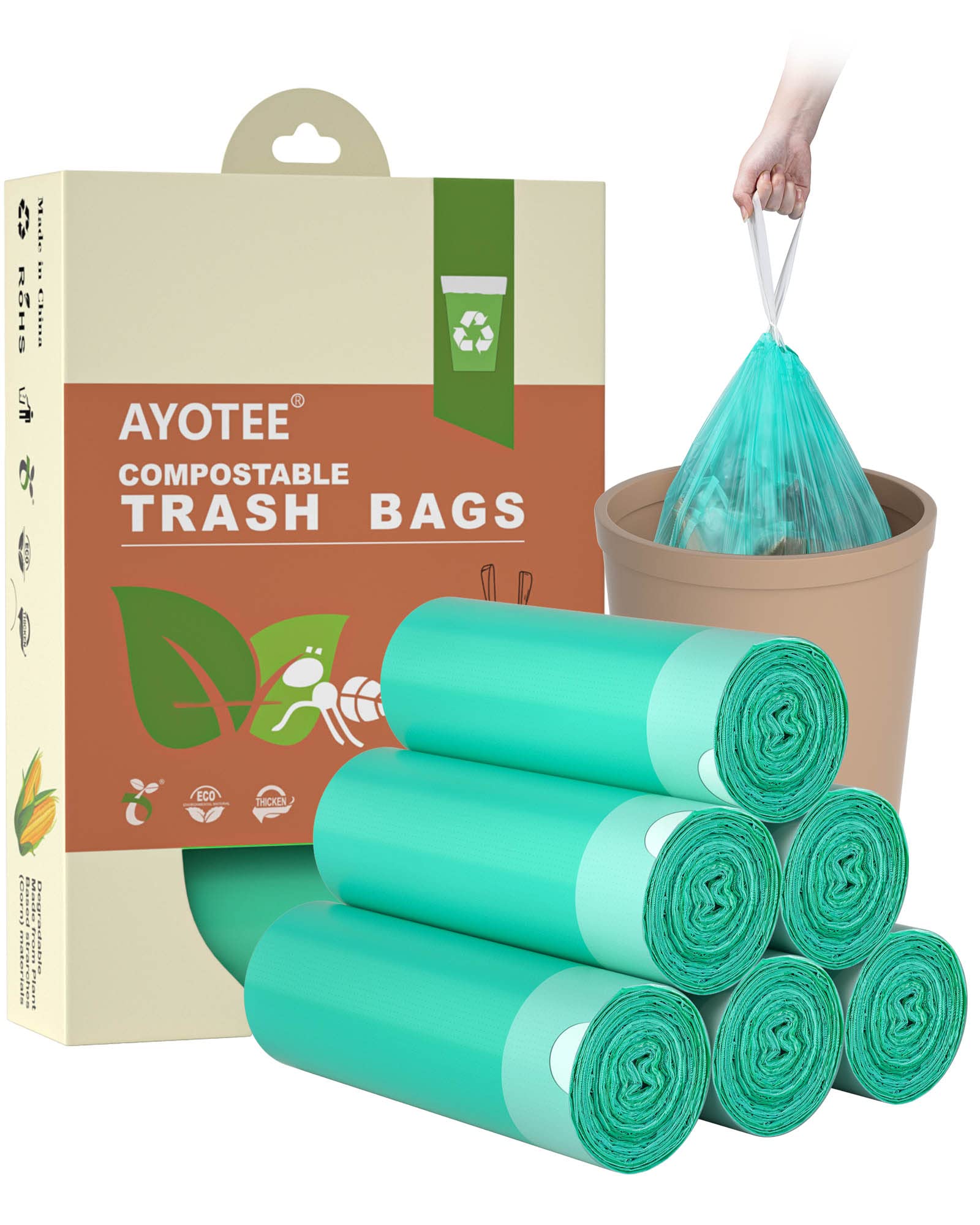 AYOTEE Compostable Trash Bags 4 Gallon Drawstring Trash Bags,100 Counts Ultra Strong Unscented Garbage Bags Small Trash Bags Waste Basket Liners for Bathroom, Kitchen, Car, Pet