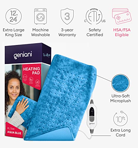 GENIANI XL Heating Pad for Back Pain & Menstrual Pain Relief, FSA HSA Eligible, Auto Shut Off, Machine Washable, Moist Heat Pad for Neck and Shoulder, Heat Patch for Cramps Relief, Aqua Blue 12'‘×24’’