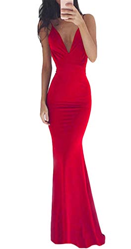 Andongnywell Women Sexy Spaghetti Strap Mermaid Evening Maxi Dress V Neck Long Formal Evening Gown Dress (Red,Large)