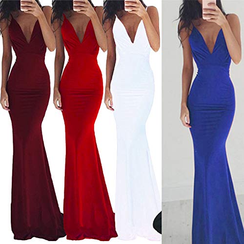 Andongnywell Women Sexy Spaghetti Strap Mermaid Evening Maxi Dress V Neck Long Formal Evening Gown Dress (Red,Large)