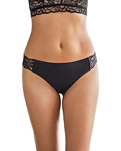 Leonisa Lace Side Seamless Thong Panty - Comfy No Show Underwear for Women Black