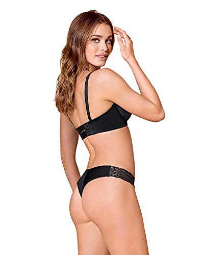 Leonisa Lace Side Seamless Thong Panty - Comfy No Show Underwear for Women Black