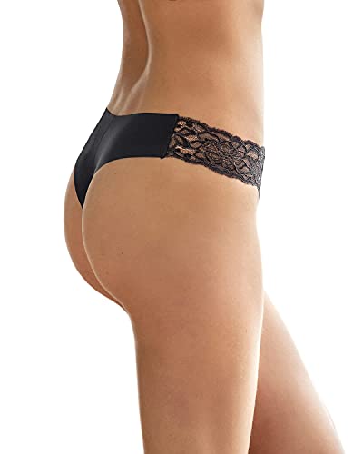 Leonisa Lace Side Seamless Thong Panty - Comfy No Show Underwear for Women Black