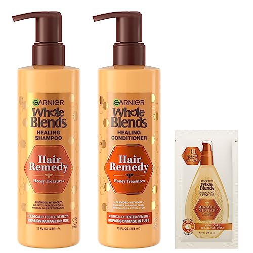 Garnier Whole Blends Sulfate Free Remedy Honey Treasures Replenishing Shampoo and Conditioner Set for Very Damaged Hair with Sample, 12 Fl Oz, 1 Kit (Packaging May Vary)