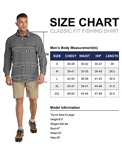 33,000ft Men's Long Sleeve Sun Protection Shirt UPF 50+ UV Quick Dry Cooling Fishing Shirts for Travel Safari Camping Hiking Grey