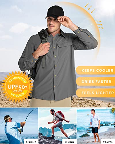 33,000ft Men's Long Sleeve Sun Protection Shirt UPF 50+ UV Quick Dry Cooling Fishing Shirts for Travel Safari Camping Hiking Grey