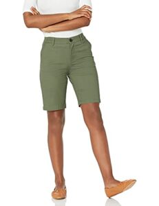 amazon essentials women's mid-rise slim-fit 10 inch inseam bermuda khaki short, olive, 10