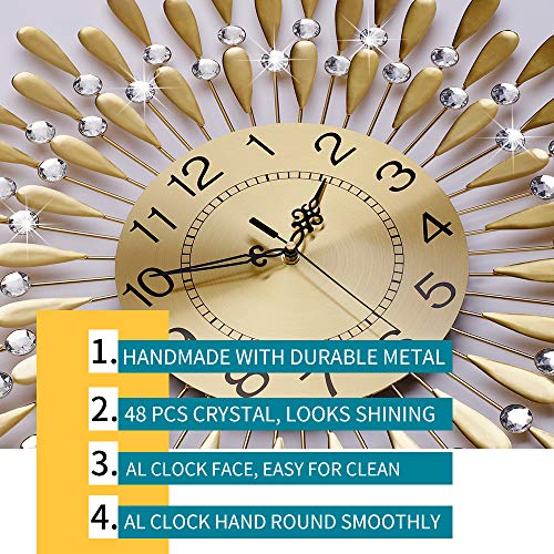 JUGV Large Wall Clock Metal Decorative Wall Clocks 3D Non-Ticking Silent Quartz Clocks with Arabic Numerals for Living Room Home Kitchen Decor