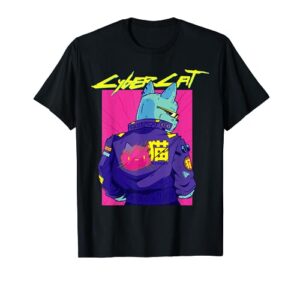 cyberpunk pun cat cybercat japanese character cyberpunker t-shirt