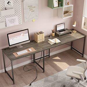 Bestier L Shaped Desk Computer Long Desk Reversible Corner Desk for Home Office with Power Outlet Monitor Stand 2 Cable Holes USB Socket 95.2 Inch 2 Person L Desk, Gray