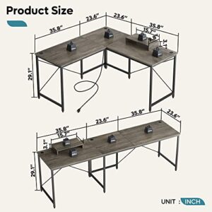 Bestier L Shaped Desk Computer Long Desk Reversible Corner Desk for Home Office with Power Outlet Monitor Stand 2 Cable Holes USB Socket 95.2 Inch 2 Person L Desk, Gray