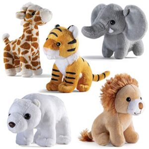 prextex safari friends stuffed animal gift set - 5 small plush stuffed animals (giraffe, tiger, lion, polar bear, elephant) zoo animals - machine washable stuffed animals for boys & girls ages 3-5+