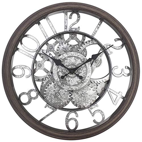 PresenTime & Co 12" Farmhouse Gear Clock, Silent no Ticking, Indoor/Outdoor Clock, Weatherproof, Grey Oak and Galvanized Finish. Wall Décor/Outdoor Décor for Living Room, Kitchen, Garden, and Patio.