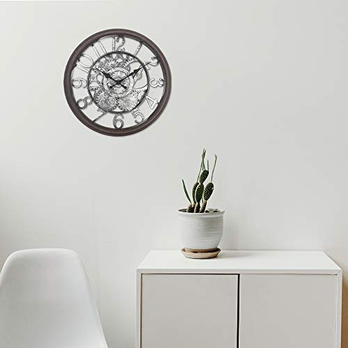 PresenTime & Co 12" Farmhouse Gear Clock, Silent no Ticking, Indoor/Outdoor Clock, Weatherproof, Grey Oak and Galvanized Finish. Wall Décor/Outdoor Décor for Living Room, Kitchen, Garden, and Patio.