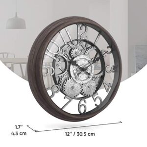 PresenTime & Co 12" Farmhouse Gear Clock, Silent no Ticking, Indoor/Outdoor Clock, Weatherproof, Grey Oak and Galvanized Finish. Wall Décor/Outdoor Décor for Living Room, Kitchen, Garden, and Patio.