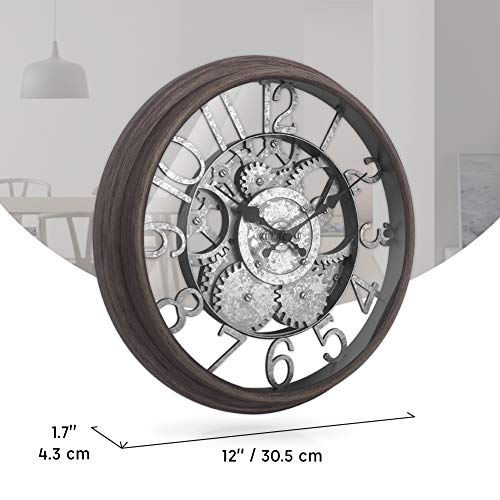 PresenTime & Co 12" Farmhouse Gear Clock, Silent no Ticking, Indoor/Outdoor Clock, Weatherproof, Grey Oak and Galvanized Finish. Wall Décor/Outdoor Décor for Living Room, Kitchen, Garden, and Patio.