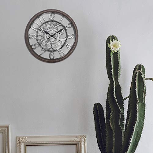 PresenTime & Co 12" Farmhouse Gear Clock, Silent no Ticking, Indoor/Outdoor Clock, Weatherproof, Grey Oak and Galvanized Finish. Wall Décor/Outdoor Décor for Living Room, Kitchen, Garden, and Patio.