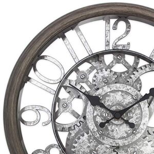 PresenTime & Co 12" Farmhouse Gear Clock, Silent no Ticking, Indoor/Outdoor Clock, Weatherproof, Grey Oak and Galvanized Finish. Wall Décor/Outdoor Décor for Living Room, Kitchen, Garden, and Patio.