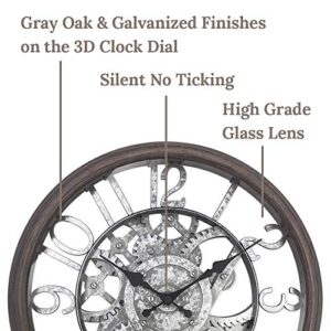 PresenTime & Co 12" Farmhouse Gear Clock, Silent no Ticking, Indoor/Outdoor Clock, Weatherproof, Grey Oak and Galvanized Finish. Wall Décor/Outdoor Décor for Living Room, Kitchen, Garden, and Patio.