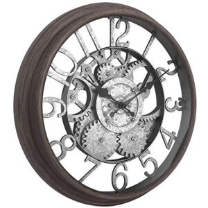 PresenTime & Co 12" Farmhouse Gear Clock, Silent no Ticking, Indoor/Outdoor Clock, Weatherproof, Grey Oak and Galvanized Finish. Wall Décor/Outdoor Décor for Living Room, Kitchen, Garden, and Patio.