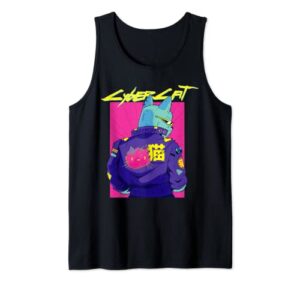 cyberpunk pun cat cybercat japanese character cyberpunker tank top