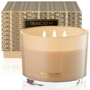 96north luxury coconut soy candle | large 3 wick jar candle | up to 50 hours burning time | tropical beach scented candles for home | 100% natural soy wax | housewarming gift for women and men