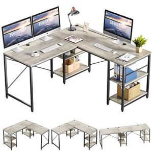 bestier l shaped desk with shelves 95.2 inch reversible corner computer desk or 2 person long table for home office large gaming writing storage workstation p2 board with 3 cable holes, grey oak