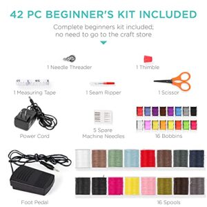 Best Choice Products Compact Sewing Machine, 42-Piece Beginners Kit, Multifunctional Portable 6V for Beginner w/ 12 Stitch Patterns, Light, Foot Pedal, Storage Drawer - Gray/White