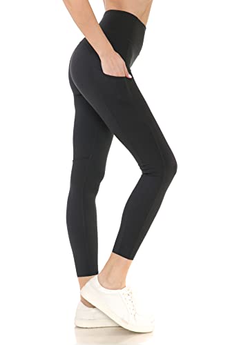 Leggings Depot High Waist 7/8 Leggings Workout Yoga Pants with Pockets (Black, Large)