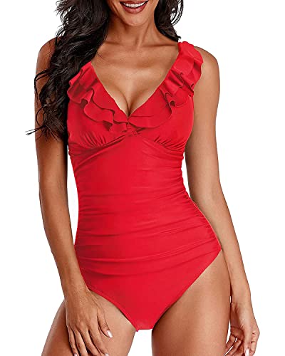 Holipick Women Chili Red One Piece Swimsuits Tummy Control Bathing Suit Ruffle V Neck Swimwear Slimming Monokini for Teen Girls Small