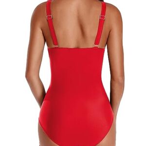 Holipick Women Chili Red One Piece Swimsuits Tummy Control Bathing Suit Ruffle V Neck Swimwear Slimming Monokini for Teen Girls Small