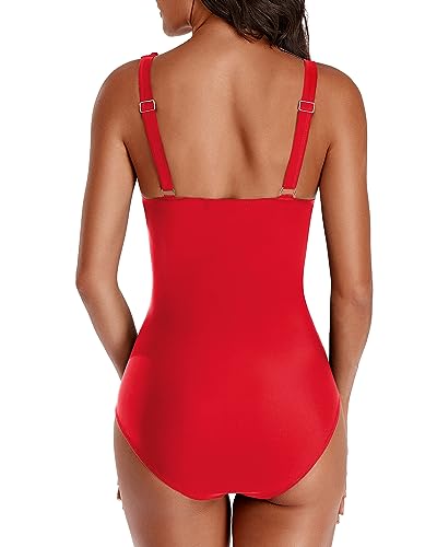 Holipick Women Chili Red One Piece Swimsuits Tummy Control Bathing Suit Ruffle V Neck Swimwear Slimming Monokini for Teen Girls Small