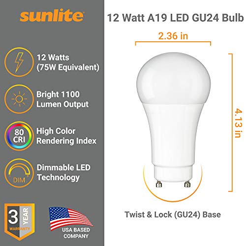 Sunlite 88254 LED A19 Light Bulb 12 Watts (75W Equivalent) 1100 Lumens, GU24 Twist and Lock Base, Dimmable, UL Listed, Energy Star, 2700K Warm White, 1 Count