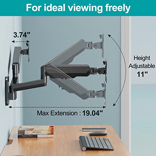 MOUNT PRO Dual Monitor Wall Mount for 13 to 32 Inch Computer Screens, Gas Spring Arm for 2 Monitors, Each Holds Up to 17.6lbs, Full Motion Wall Monitor Mount with VESA 75x75/100x100