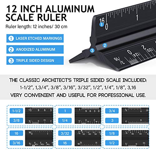 10 Pieces 12 Inch Architectural Scale Ruler Aluminum Architect Scale Triangular Engineering Ruler Scale with 6 in 1 Multitool Pen Ballpoint Pen for Architects, Students, Draftsman, and Engineers