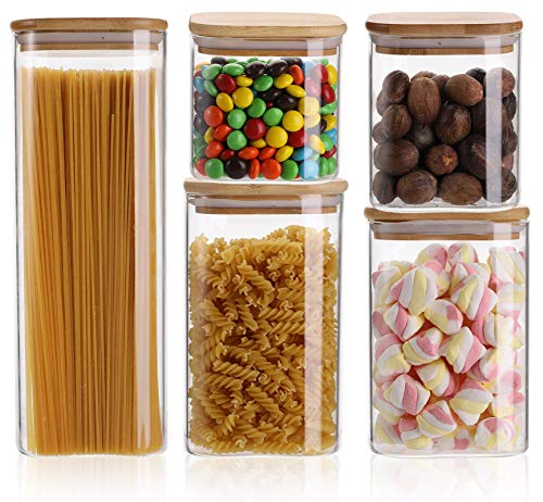 Yesland 5 Sizes Square Borosilicate Glass Canister with Sealed Bamboo Lids, Large Air Tight Glass Storage Canister and Stackable Clear Glass Jar Set for Candy, Cookie, Rice, Sugar, Flour, Pasta, Nuts