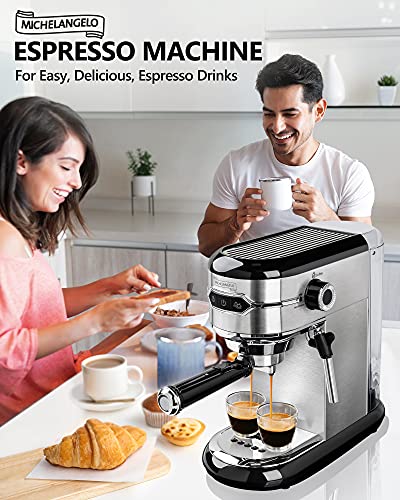 MICHELANGELO Stainless Steel Espresso Coffee Machine with Milk Frother, Small Coffee Maker for Home, 15 Bar - Cappuccino, Latte