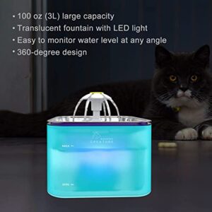 Crystal Cat Water Fountain Stainless Steel, 100oz/3L Pet Fountain with Transparent Base and LED Light, 3 Replacement Carbon Filters and 1 Foam Filter (Green)