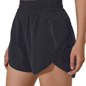 BMJL Women's Running Shorts Elastic High Waisted Shorts Pocket Sporty Workout Shorts Quick Dry Athletic Shorts Pants Summer Clothes(L,Black)