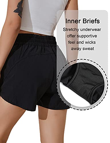 BMJL Women's Running Shorts Elastic High Waisted Shorts Pocket Sporty Workout Shorts Quick Dry Athletic Shorts Pants Summer Clothes(L,Black)