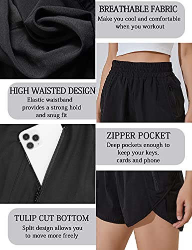 BMJL Women's Running Shorts Elastic High Waisted Shorts Pocket Sporty Workout Shorts Quick Dry Athletic Shorts Pants Summer Clothes(L,Black)