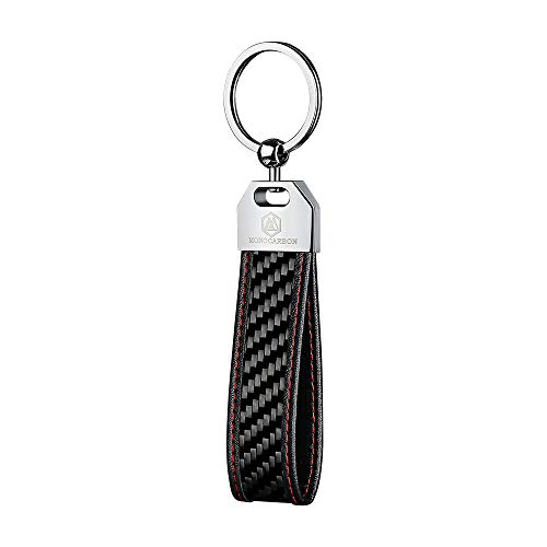 MONOCARBON Real Carbon Fiber Key Chain with Real Leather Edges Keychain Red Stitching Keychains for Men