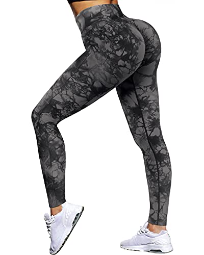 OMKAGI Women Scrunch Butt Lifting Leggings Seamless High Waisted Workout Yoga Pants(M,88-Black Tie Dye)