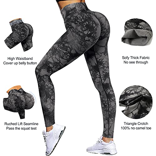 OMKAGI Women Scrunch Butt Lifting Leggings Seamless High Waisted Workout Yoga Pants(M,88-Black Tie Dye)