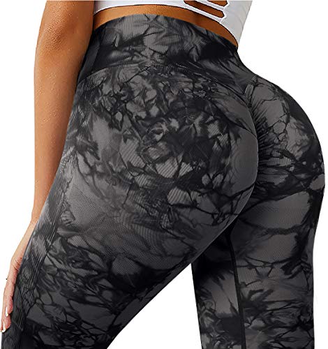 OMKAGI Women Scrunch Butt Lifting Leggings Seamless High Waisted Workout Yoga Pants(M,88-Black Tie Dye)