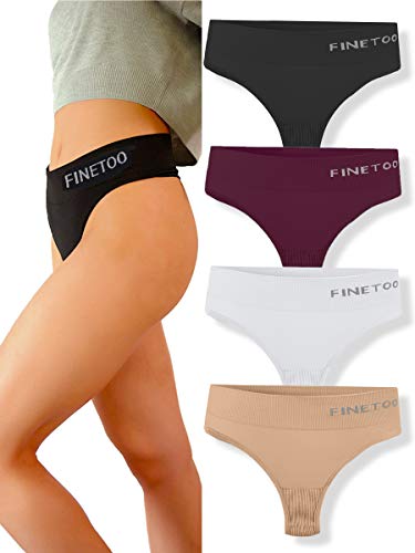 FINETOO 4 Pack High Waist Thongs for Women Breathable Underwear Soft Stretchy Nylon Spandex No Side Seam Panties(L)