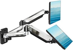 mountup dual monitor wall mount for 2 max 32 inch computer screen, silver polished aluminium full motion gas spring double monitor arm, vesa bracket support 3.3-17.6lbs, swivel monitor stand holder